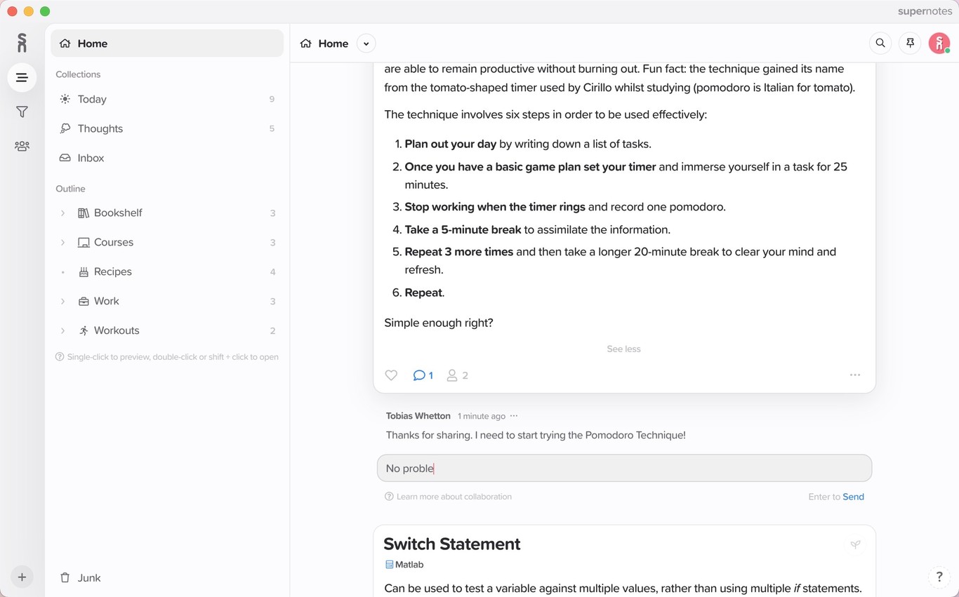 Like, comment and share notecards in real-time | Supernotes